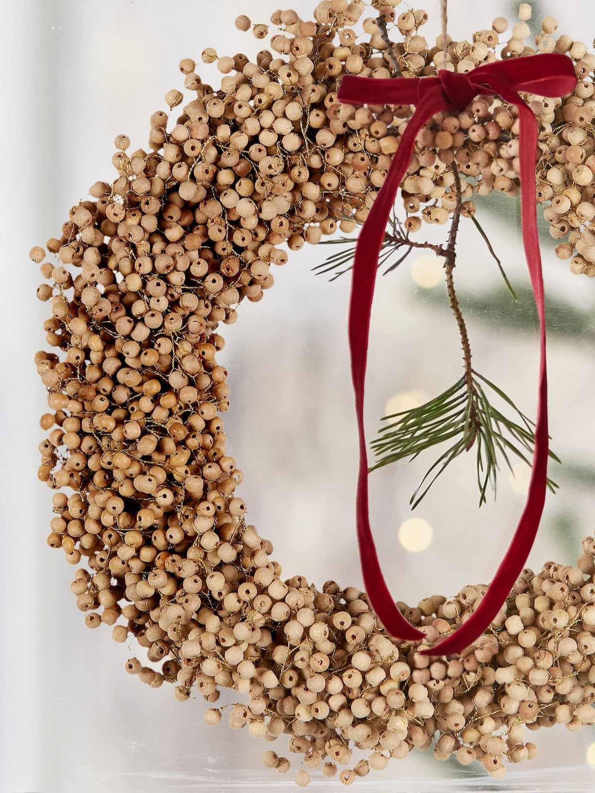 Beaded Wreath Wooden Berry Natural Medium | Wooden Festive Ornaments ...