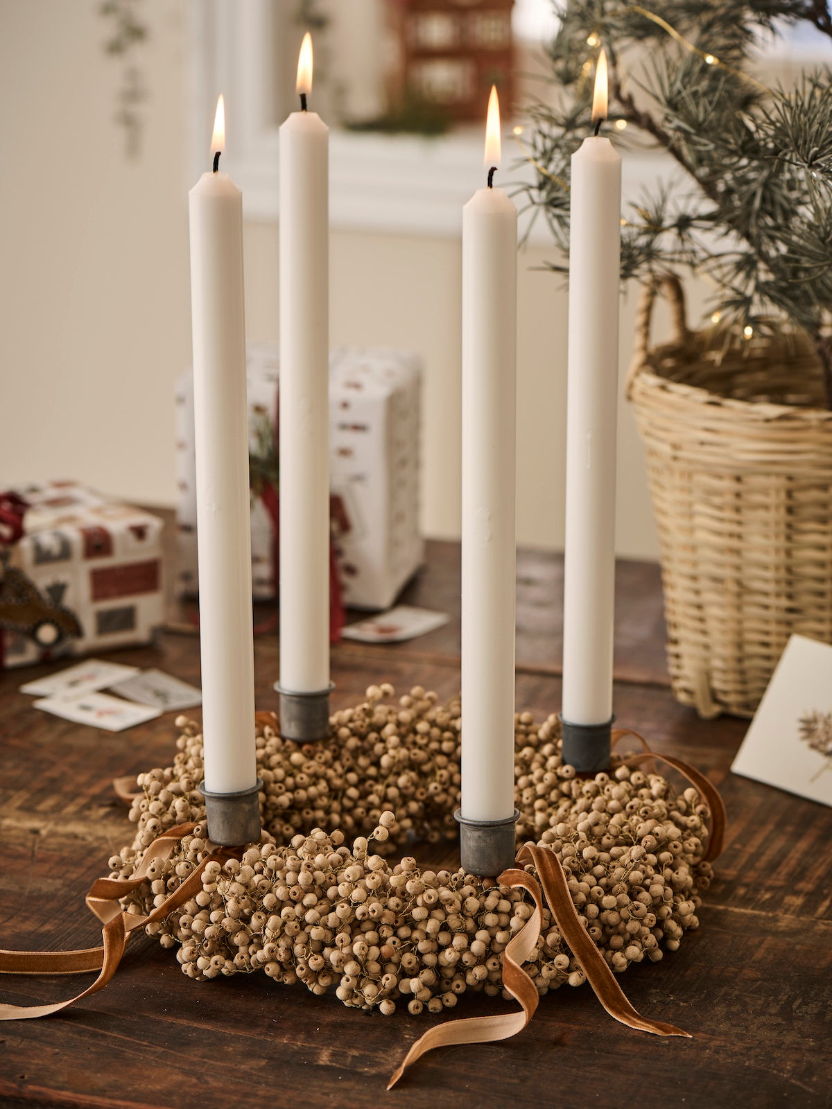 Beaded Wreath Wooden Berry Natural Medium | Wooden Festive Ornaments ...