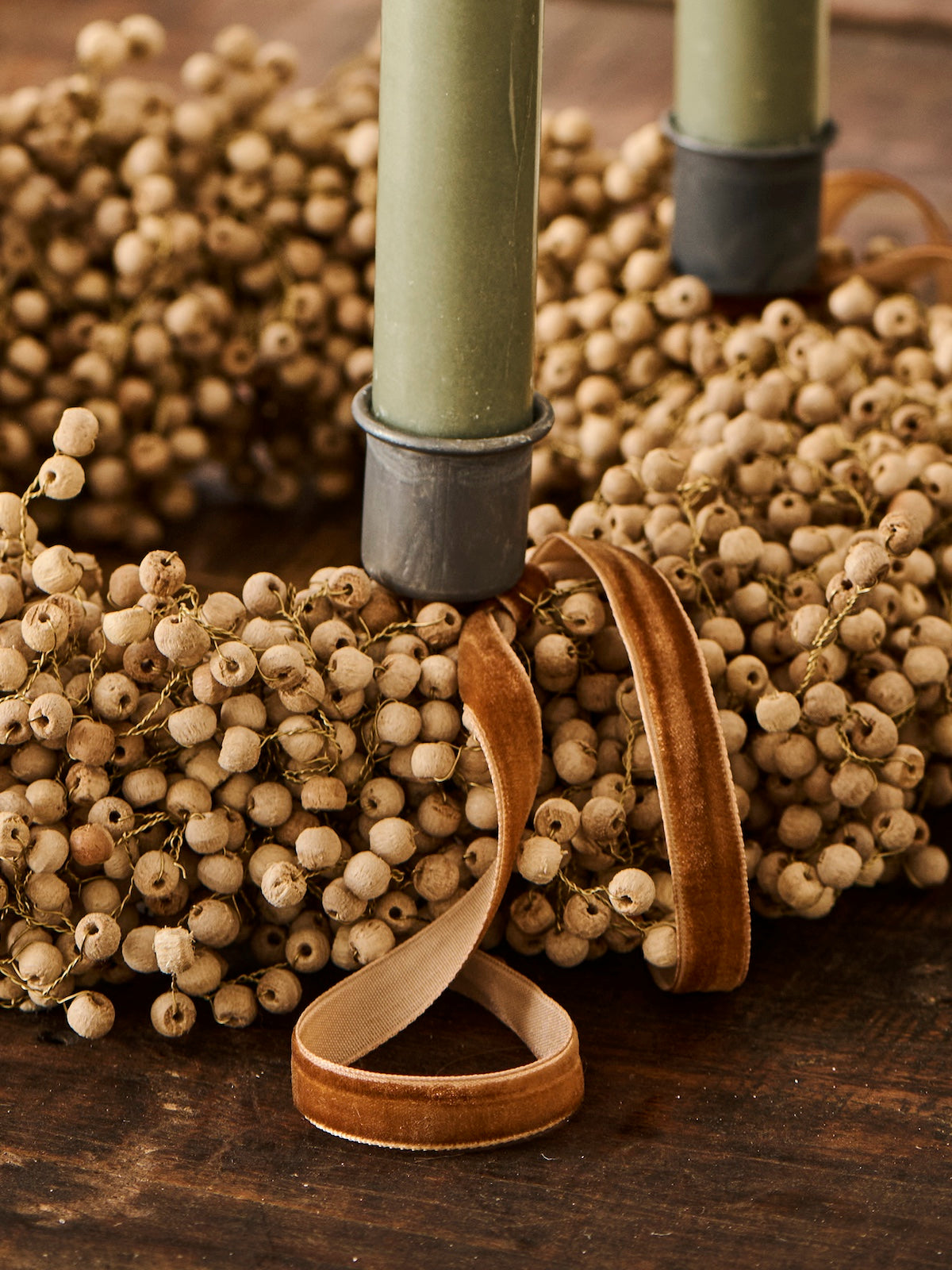 Beaded Wreath Wooden Berry Natural Medium | Wooden Festive Ornaments ...